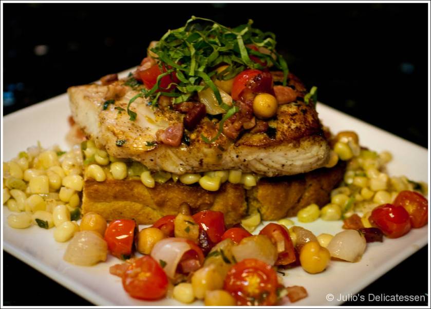Halibut with Sweet Corn, Tomatoes, Chickpeas, and Grilled Cornbread. Oh ...